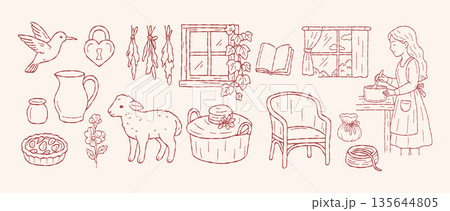 Cottagecore hand drawn home life elements with...のイラスト素材 [135644805 ...