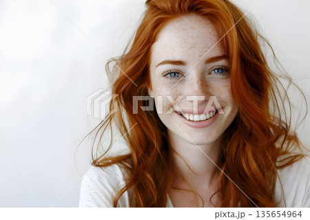 young woman with long wavy red hair and frecklesのイラスト素材 [135654964] - PIXTA