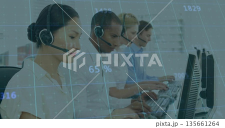 Call center agents handling calls on headsets...のイラスト素材 [135661264] - PIXTA
