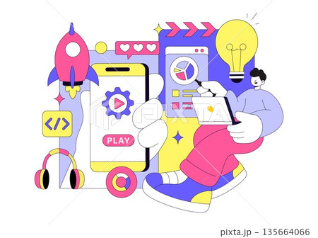 Game Development Vector Illustration Featuring...のイラスト素材 [135664066 ...