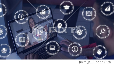Man interacting with laptop screen at desk in...のイラスト素材 [135667820] - PIXTA