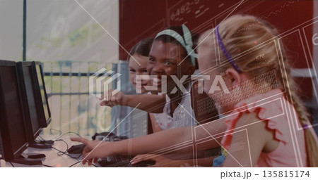 Pointing four girls leaning forward at monitors...のイラスト素材 [135815174 ...