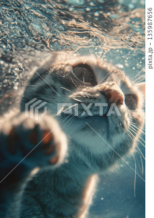 Cat Reaching Forward Beneath Shimmering Waterのイラスト素材 [135987656] - PIXTA