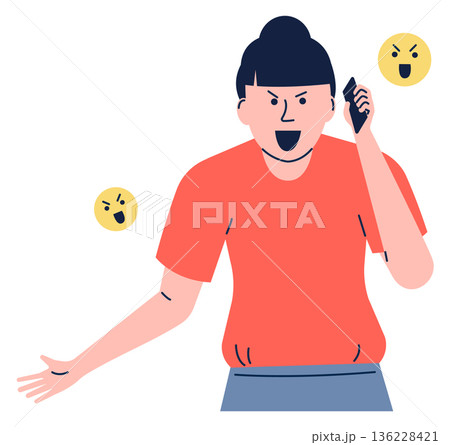 Woman yelling on phone. Angry talk. Negative callのイラスト素材 [136228421 ...