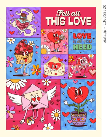 Valentine groovy love characters funky posters....のイラスト素材 [136358520 ...