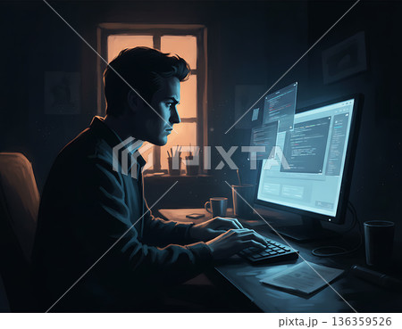 Man coding at desk in dark room with lit window...のイラスト素材 [136359526 ...