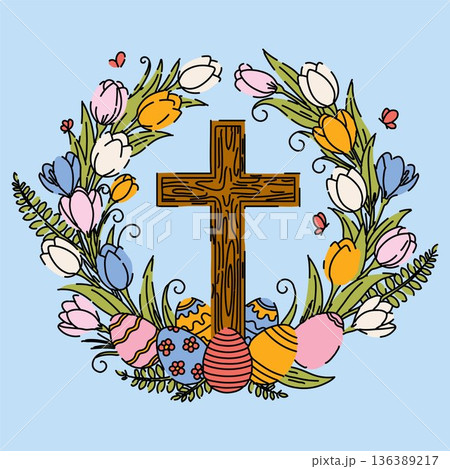 Christian Easter Symbol Cross with Flowers and...のイラスト素材 [136389217 ...