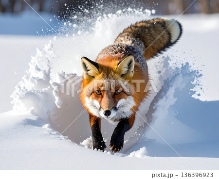 A fox dives headfirst into deep snow but only...のイラスト素材 [136396923] - PIXTA