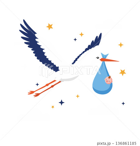 Stork flying with baby bundle in beak...のイラスト素材 [136861185] - PIXTA