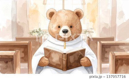 Watercolor Bear Priest in a Church Reading from...のイラスト素材 [137057716 ...
